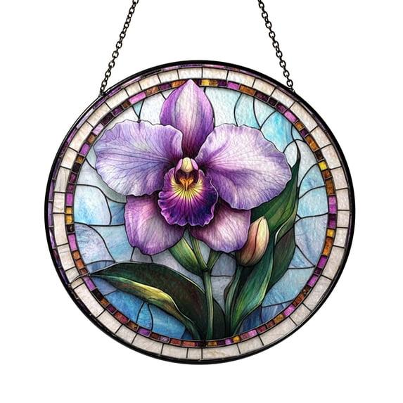 Botanical Orchid Stained Glass Style Suncatcher Window Decor, Elegant ...