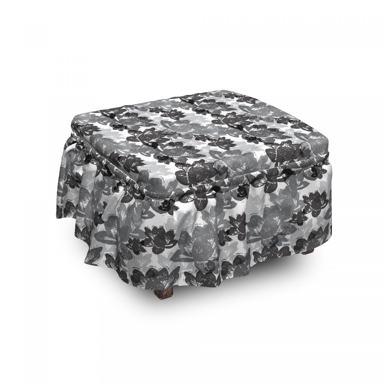 Botanical Ottoman Cover, Grey Water Lily Leaves, 2 Piece Slipcover Set ...