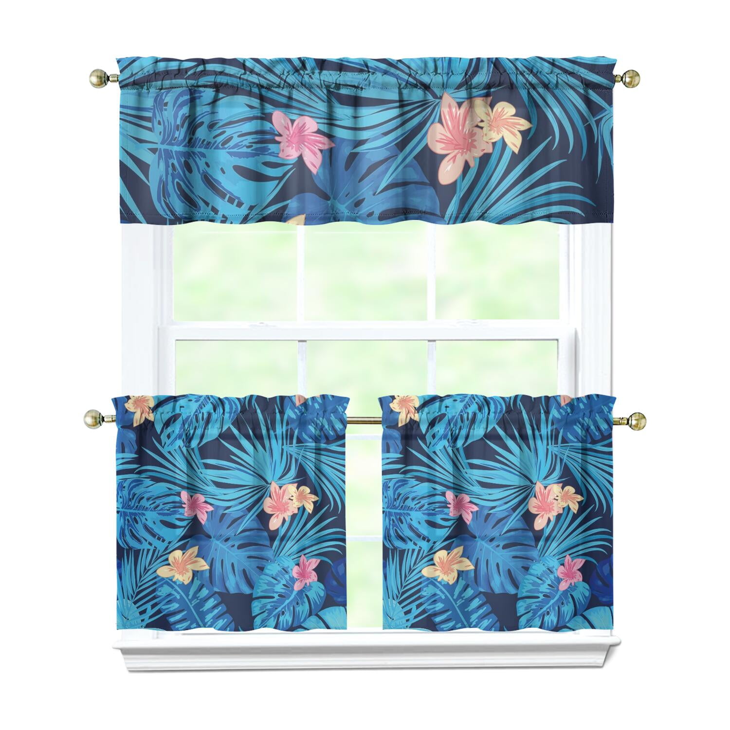 Botanical Palm Leaf Kitchen Curtains Tier and Valance Set, Tropical ...