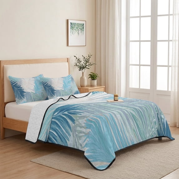 Botanical Palm Leaves Light Blue 3 Pieces Quilt Set,1 Quilt with 2 ...