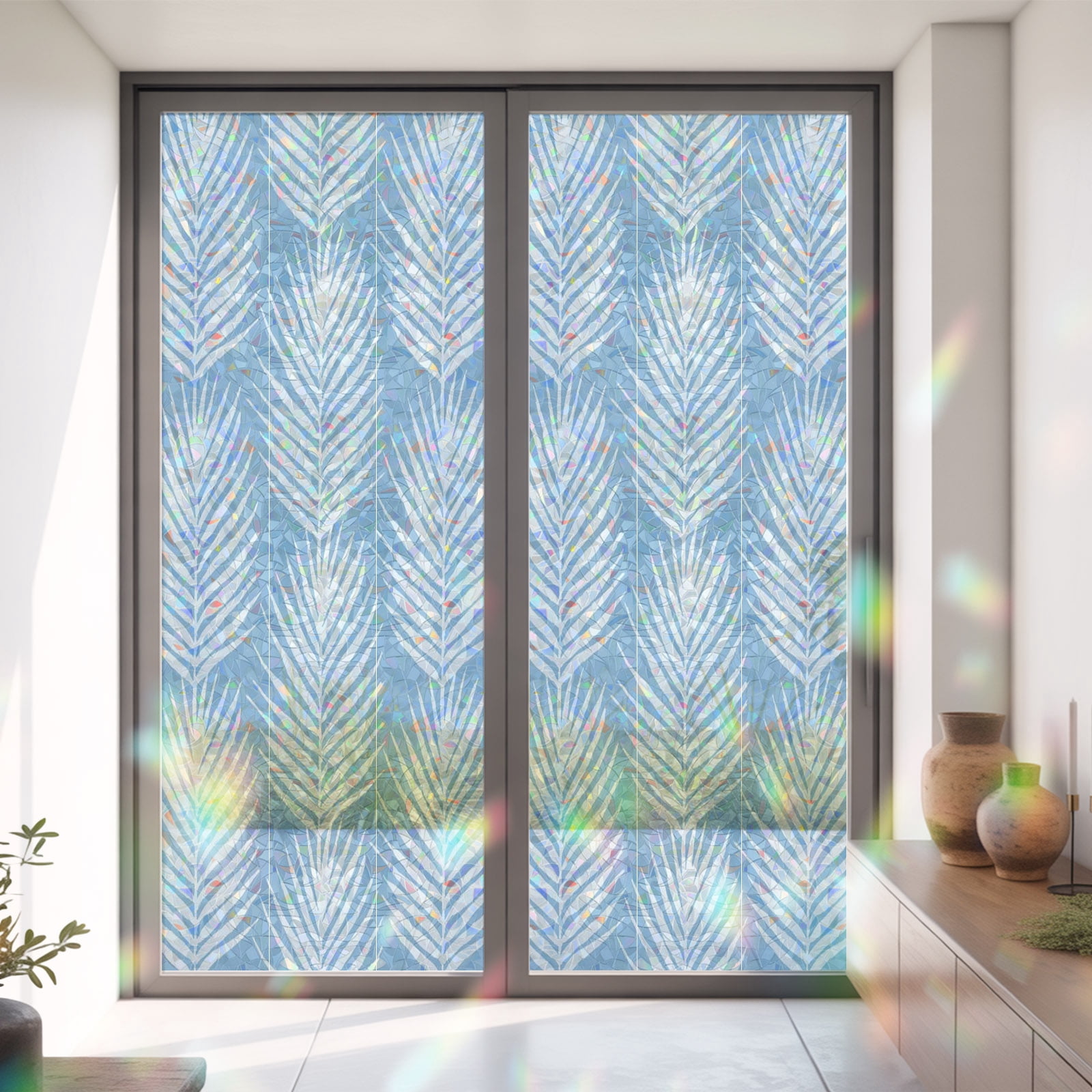 Botanical Palm Leaves Light Blue Window Privacy Film, Rainbow Film ...