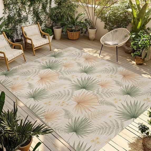 Botanical Palm Leaves Outdoor Rug, Boho Green Beige Plant Leaf Linen ...