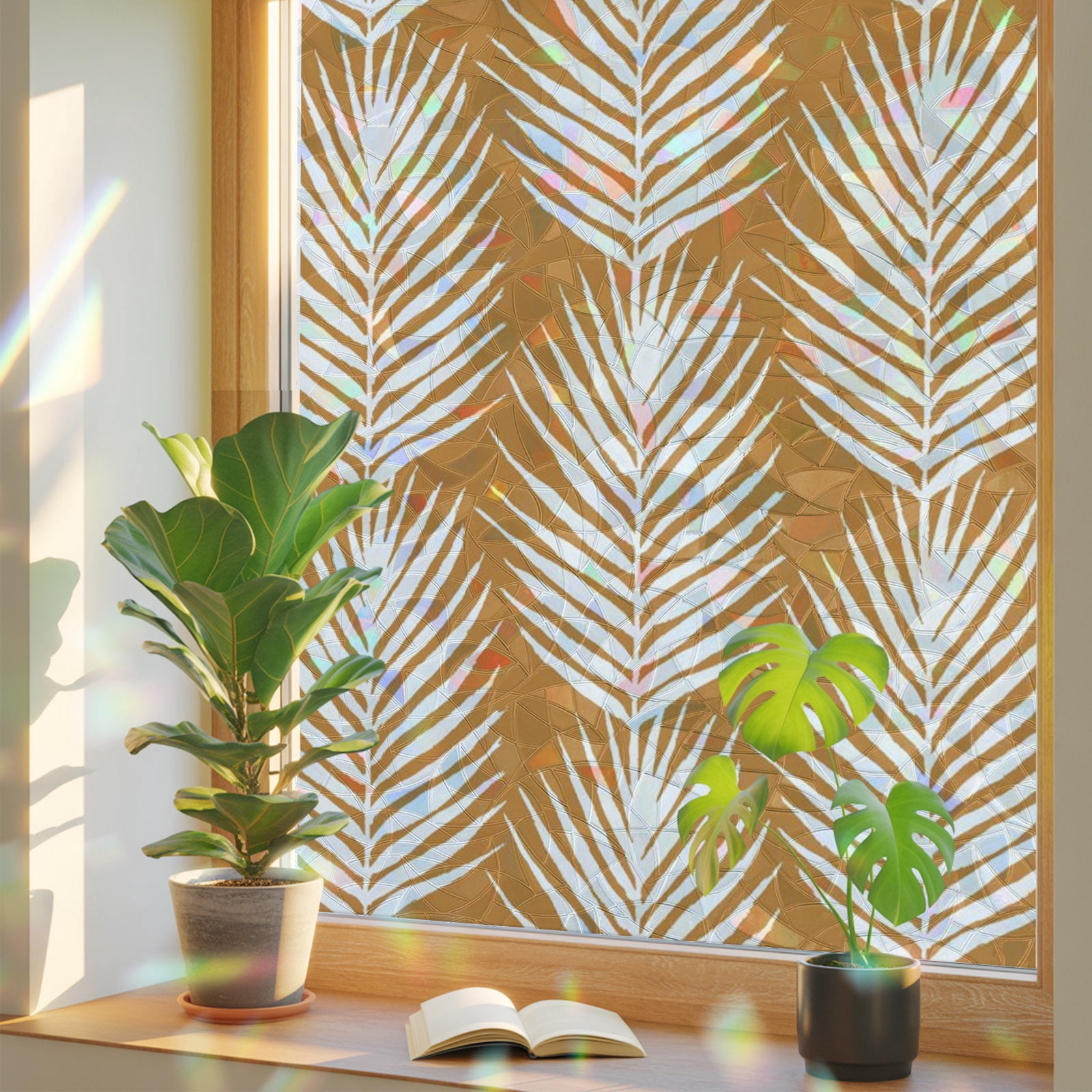 Botanical Palm Leaves Sketch Window Privacy Film, Rainbow Film ...