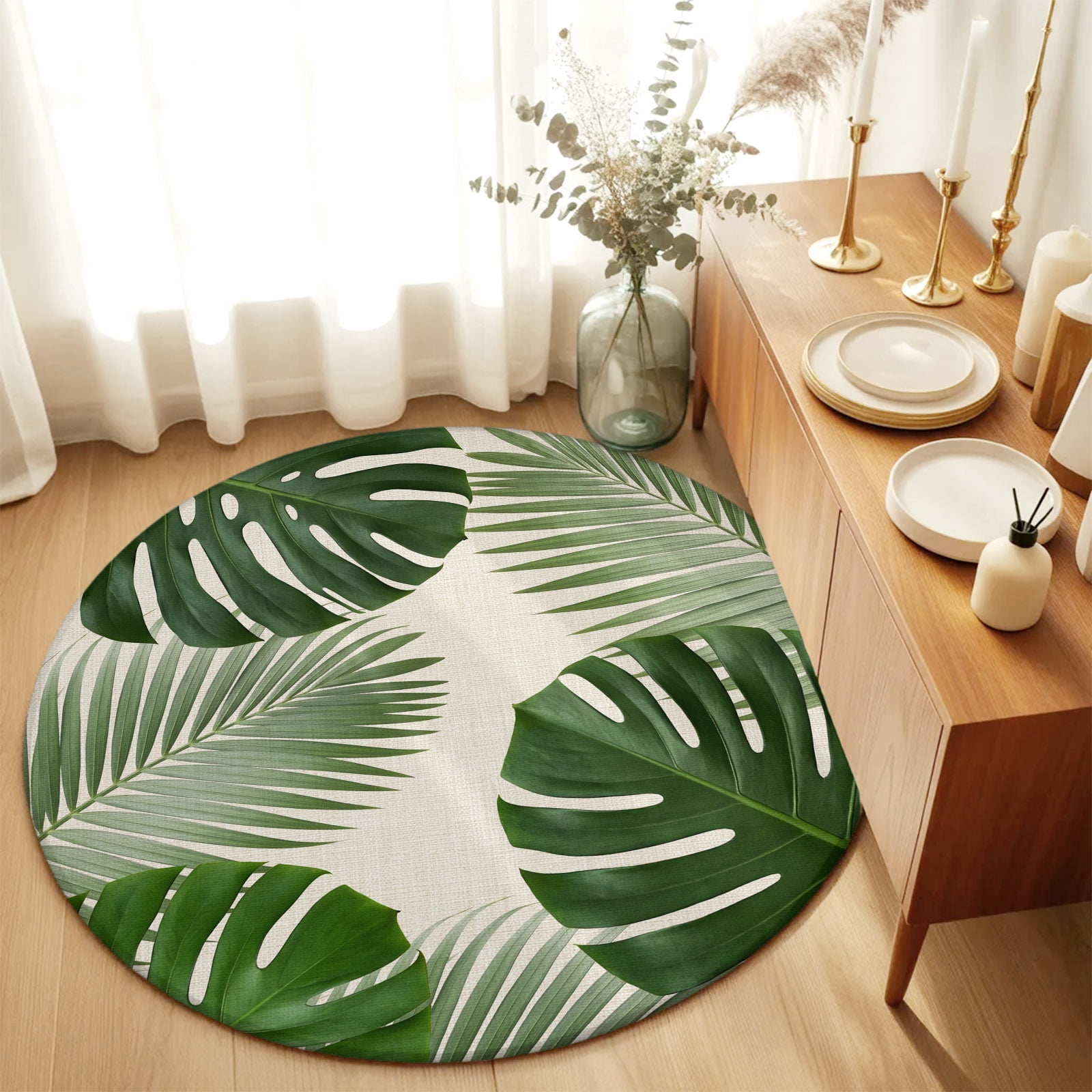 Botanical Palm Monstera Leaves Round Area Rug 3ft,Living Room Rug Non ...