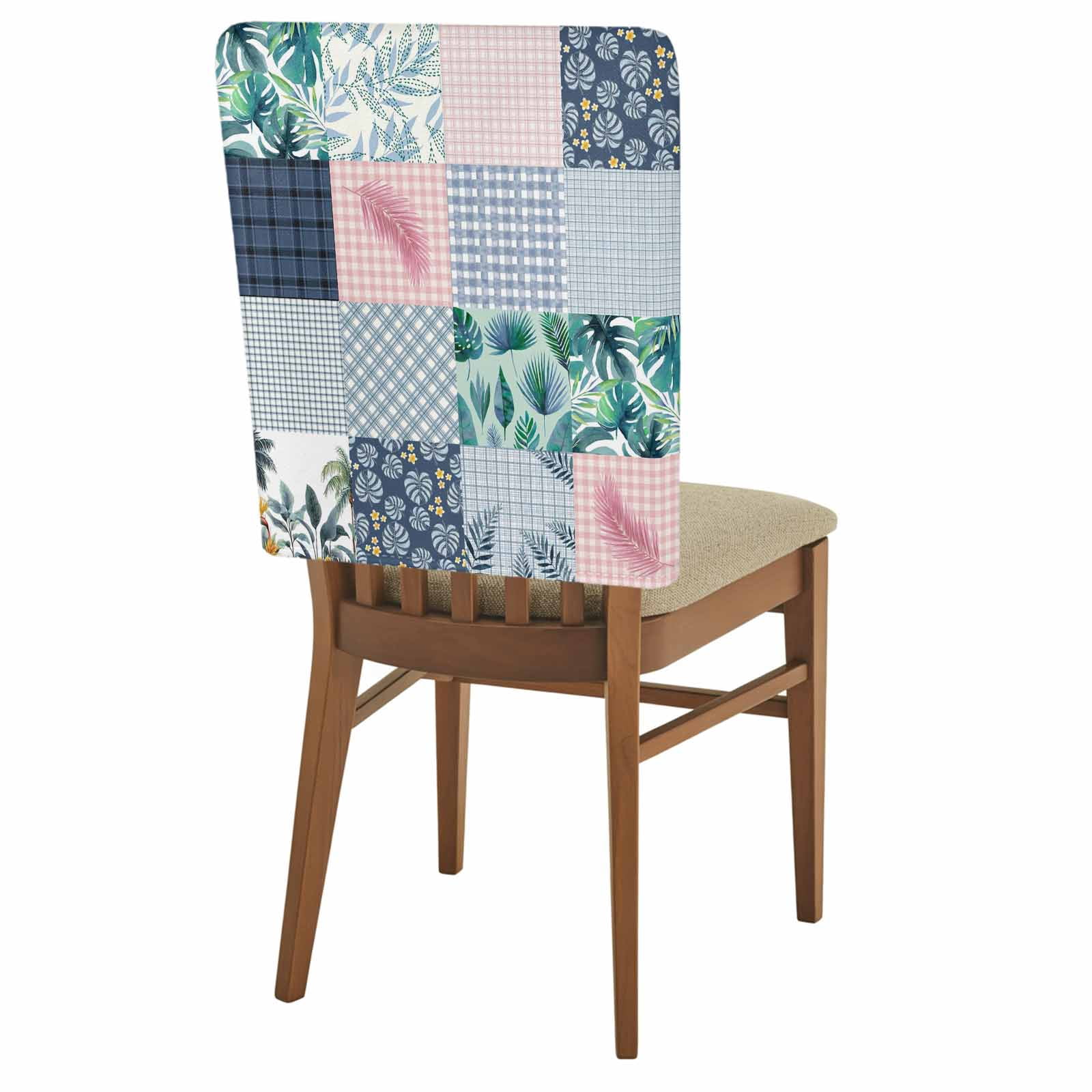 Botanical Patchwork Chair Back Covers Set of 1, Teal Tropical Leaf Grey ...
