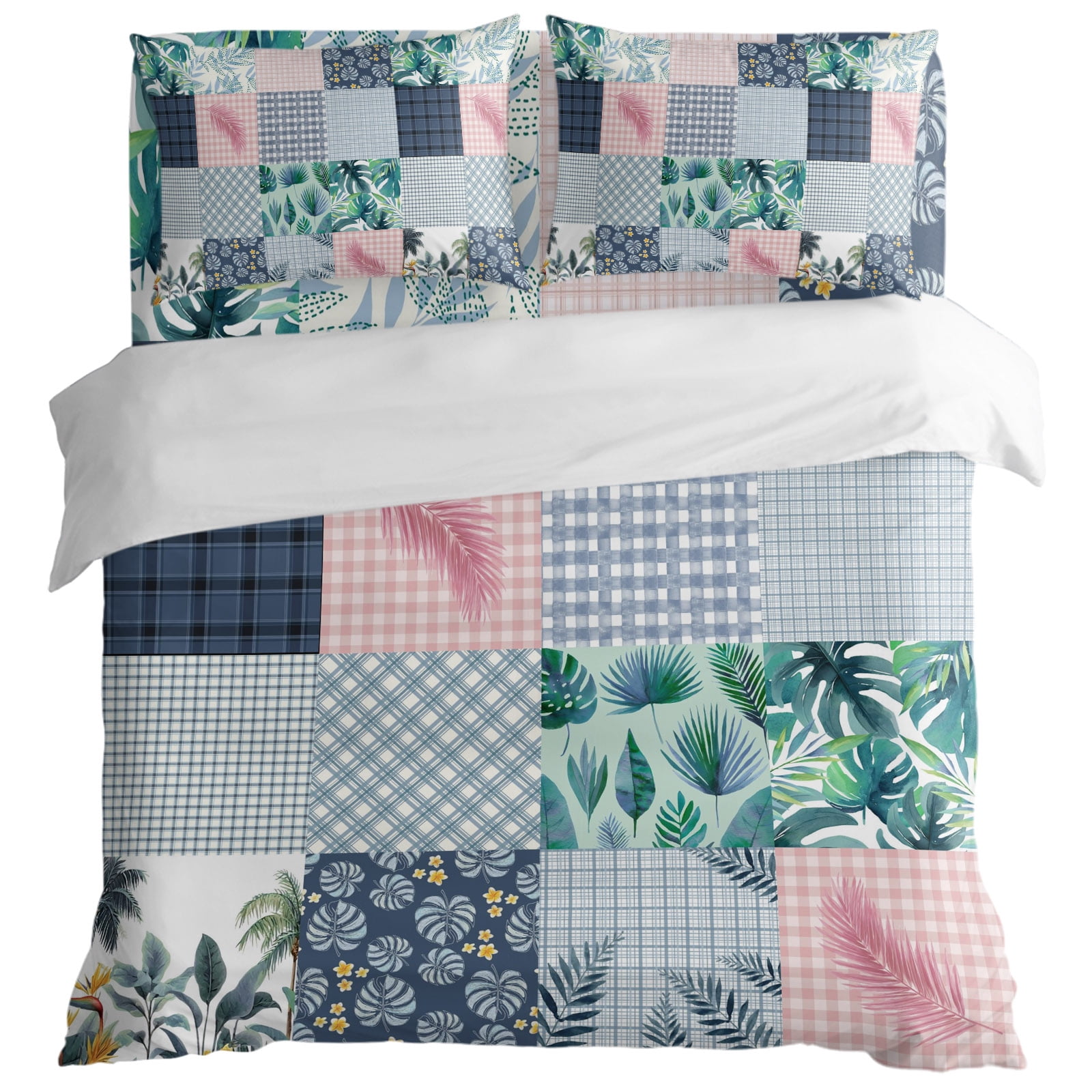 Botanical Patchwork Duvet Cover Set Twin Size, Teal Tropical Leaf Grey ...