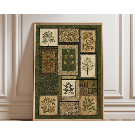 Botanical Patchwork Green Vintage Plant Panels Nature Inspired Wall Art ...