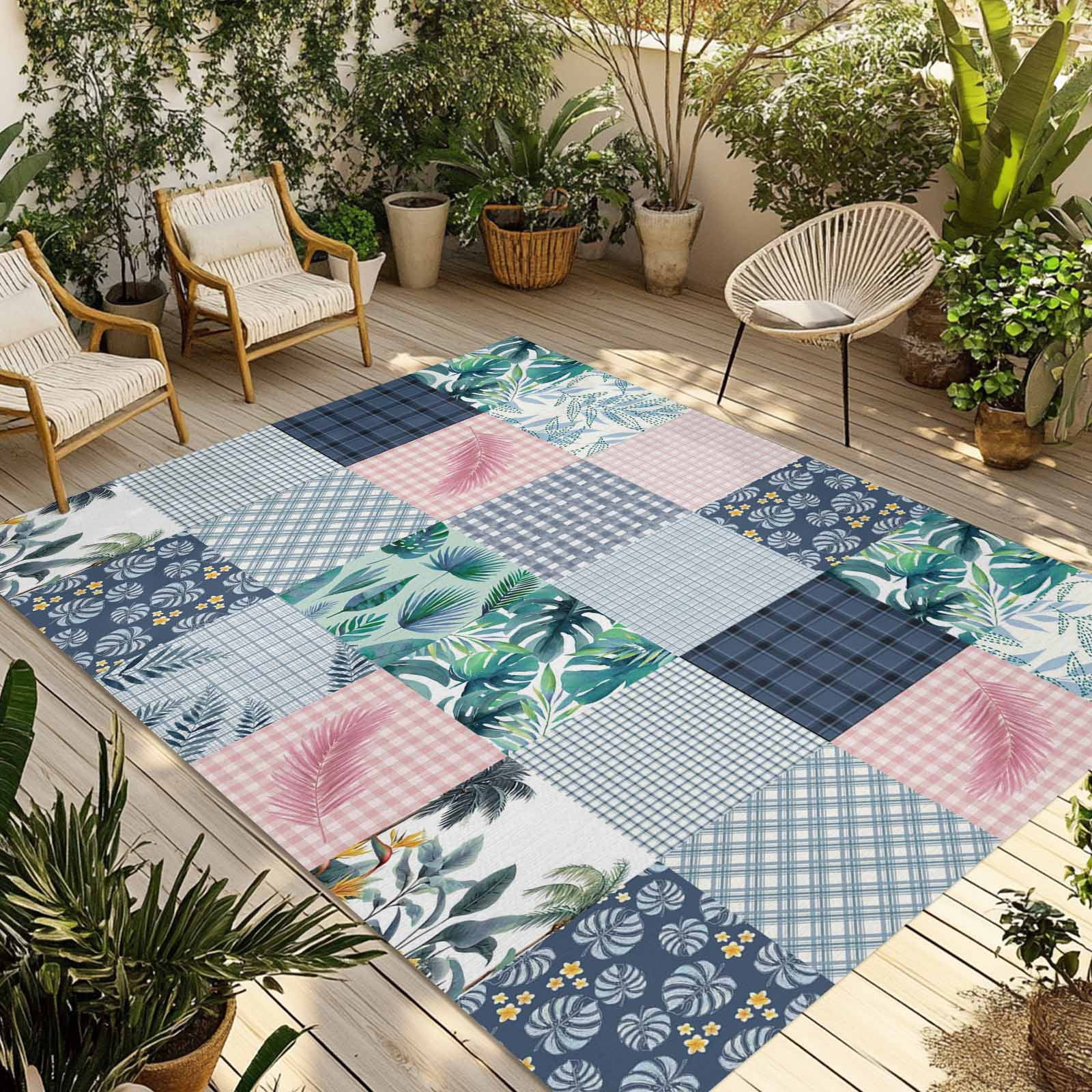 Botanical Patchwork Outdoor Rug, Teal Tropical Leaf Grey Plaid Non-Slip ...