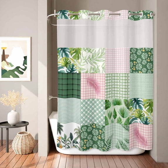 Botanical Patchwork Shower Curtain, Green Tropical Leaf Green Pink ...