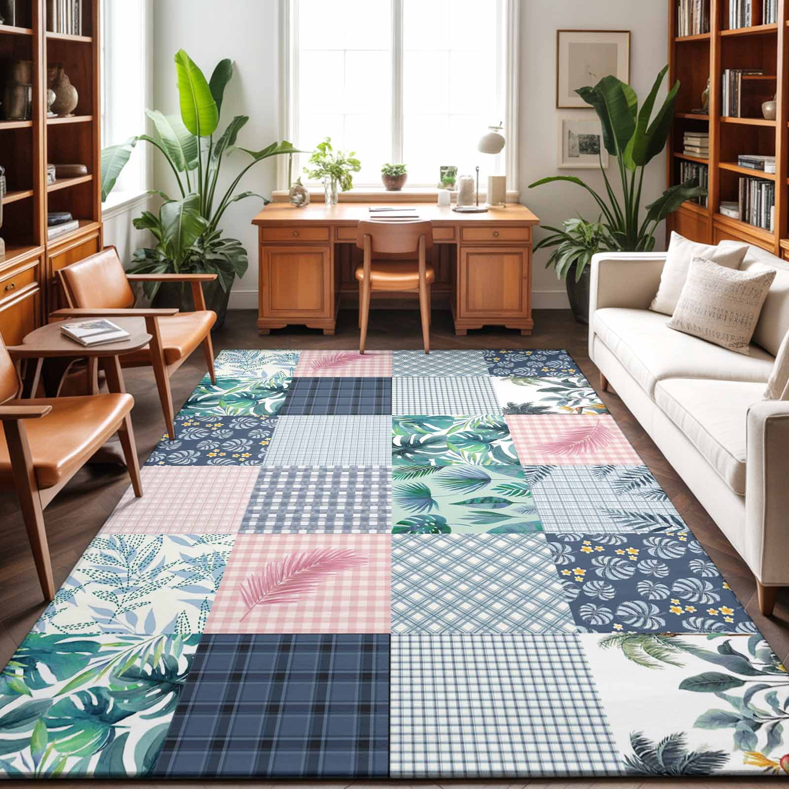Botanical Patchwork Washable Area Rug 3 x 5 ft Teal Tropical Leaf Grey ...