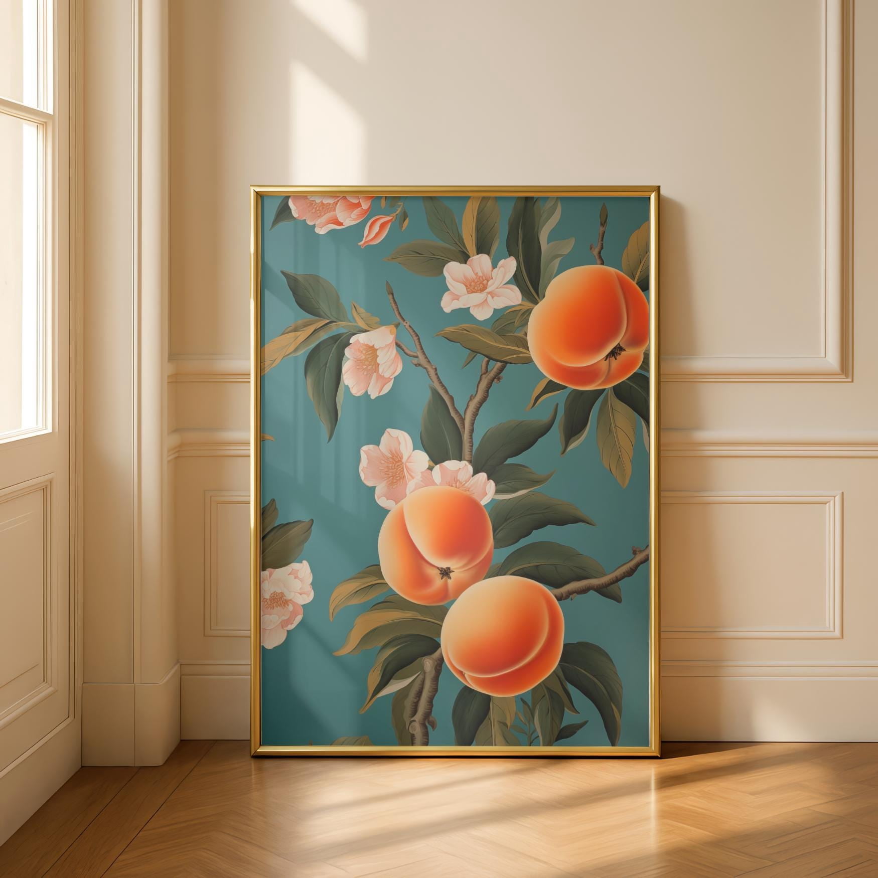 Botanical Peaches Poster Boho Peach Blossom Wall Art Peach Tree Peony ...