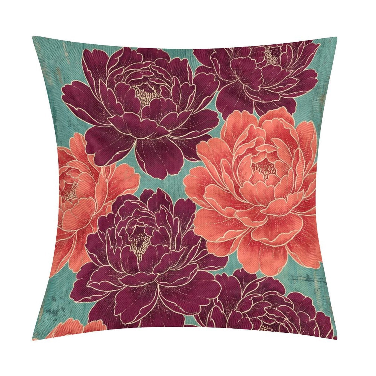 Botanical Peony Blooms on Teal Textured BackgroundSet of 2 Faux Linen ...