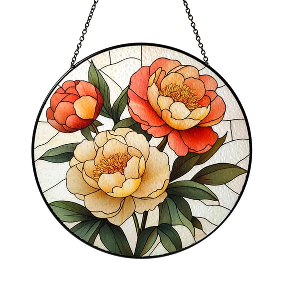 Botanical Peony Flower Stained Glass Style Window Hanging, Decorative ...
