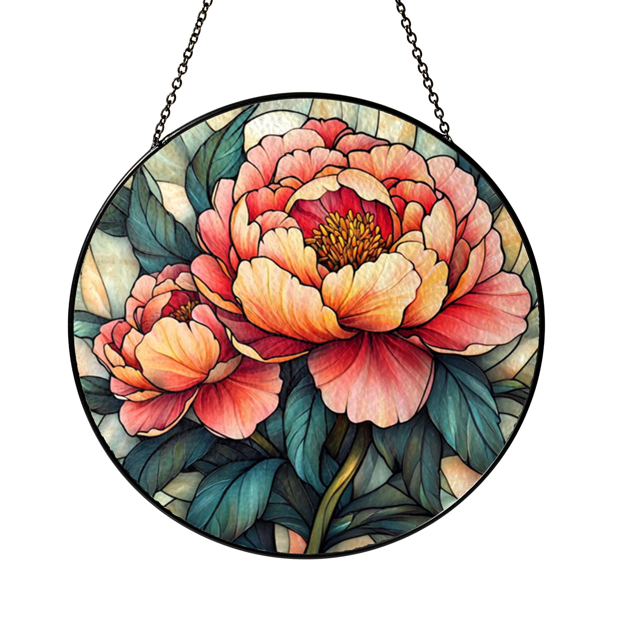 Botanical Peony Window Hanging – Stained Glass Style Floral Art Decor ...