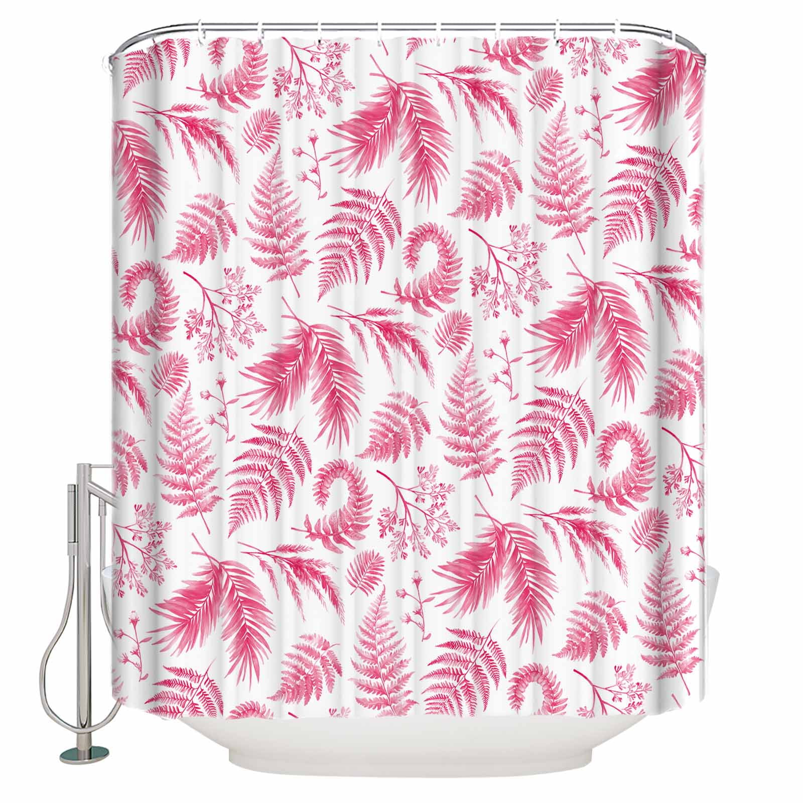 Botanical Pink Bathroom Shower Curtains with 12 Hooks Polyester ...