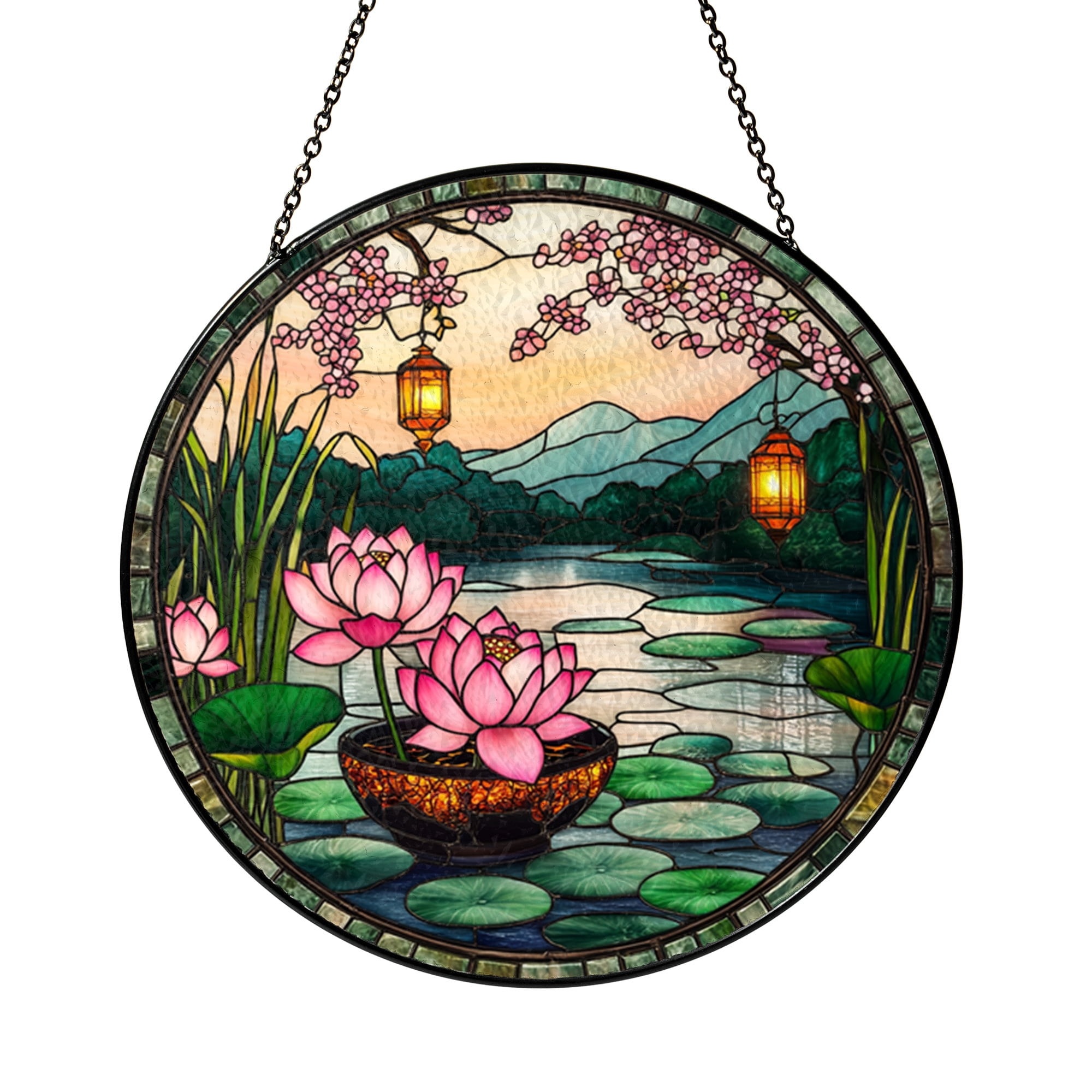 Botanical Pink Lotus Flower Stained Glass Style Suncatcher, Decorative ...