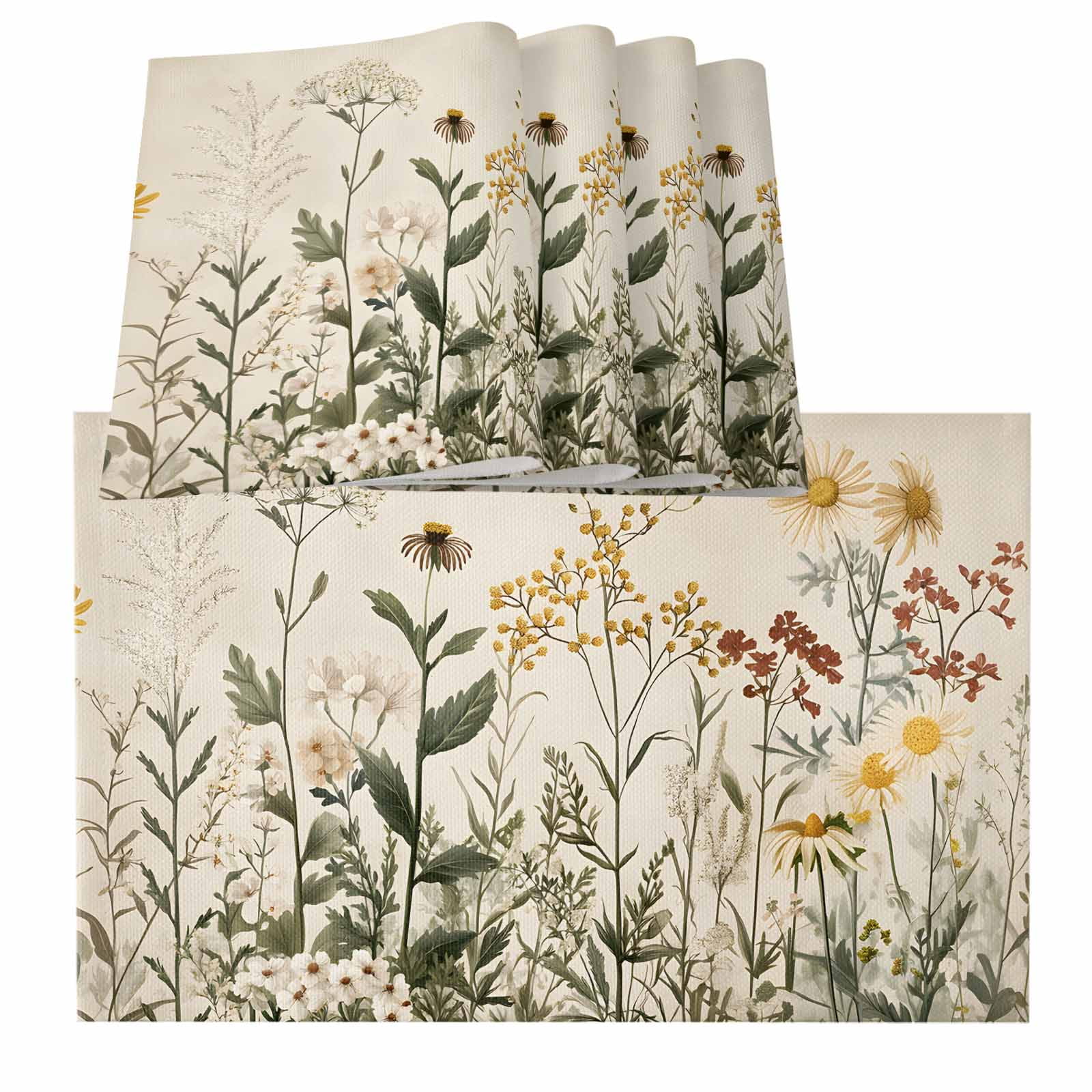 Botanical Placemats for Dinning Table Set of 6, Retro Plant Wildflower ...