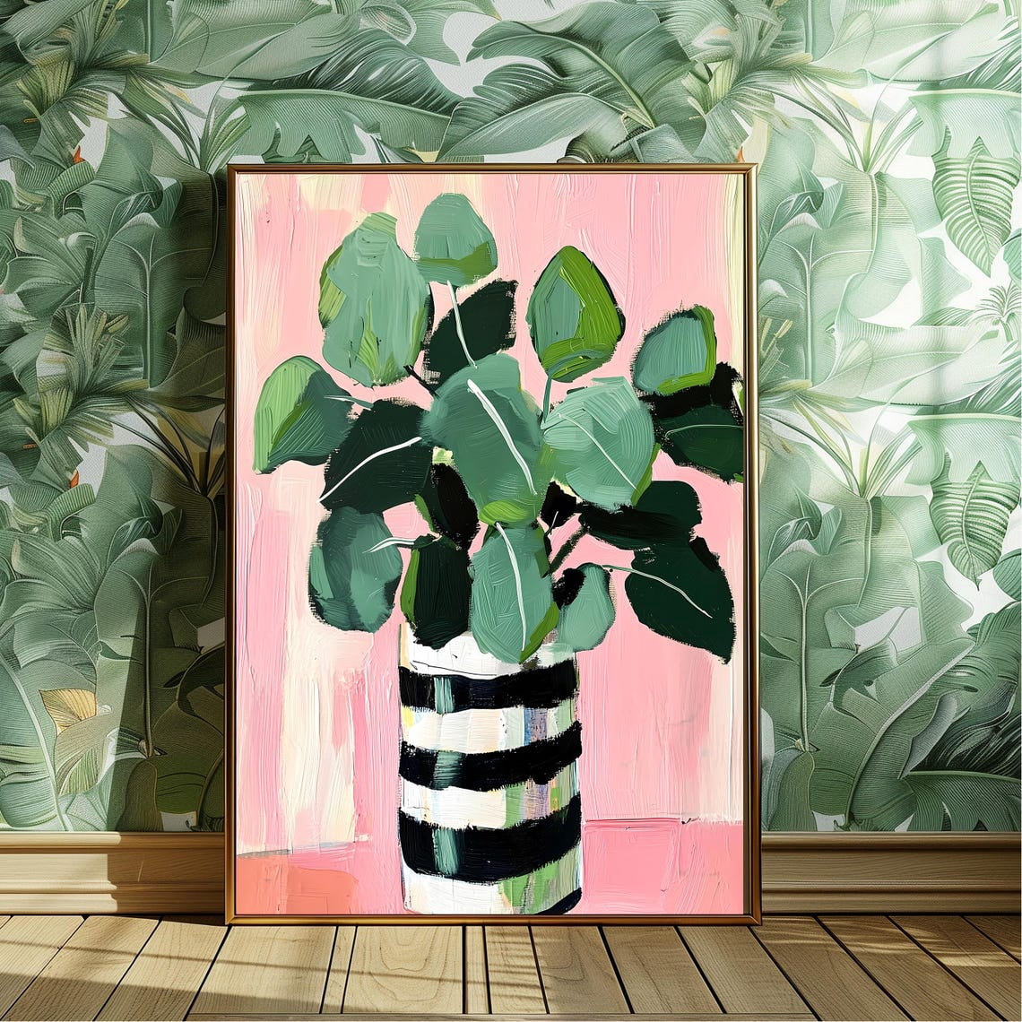 Botanical Plant Art Striped Vase Greenery Pink Eucalyptus Unframed ...