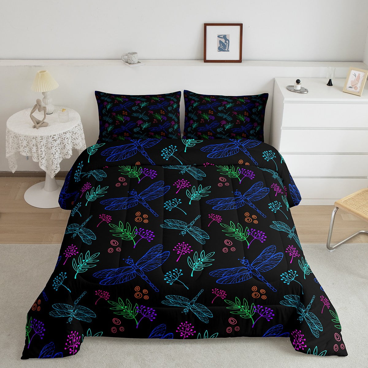 Botanical Plants Comforter Set Full Neon Dragonfly Bedding Set, Wild ...