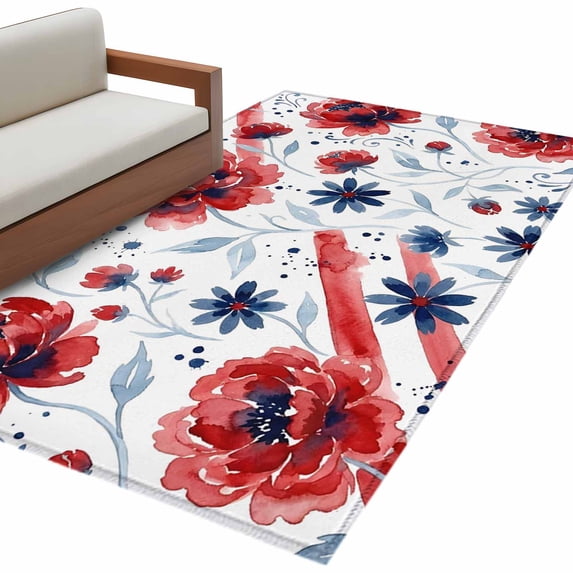 Botanical Poppies Area Rug 3x5 Washable Rug Non Slip Daisies Leaves ...