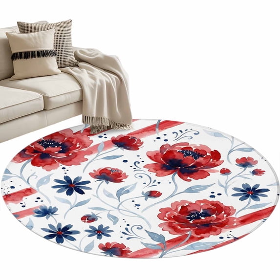 Botanical Poppies Round Rug 4ft Washable Circle Entryway Rugs Non Slip ...