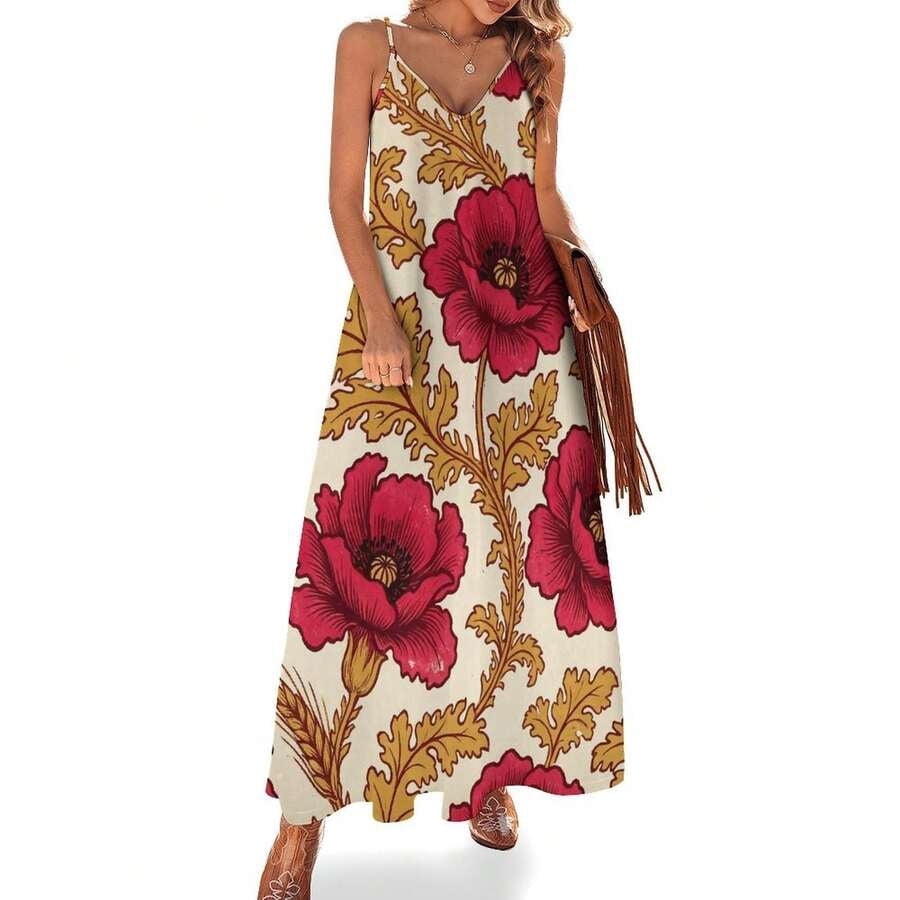 Botanical Poppy Wheat Print Mixed Colors Maxi Dress - V-Neck Sleeveless ...