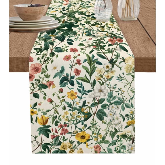 Botanical Print Burlap Cotton Table Runner 13x108 Inches Long, Vintage ...