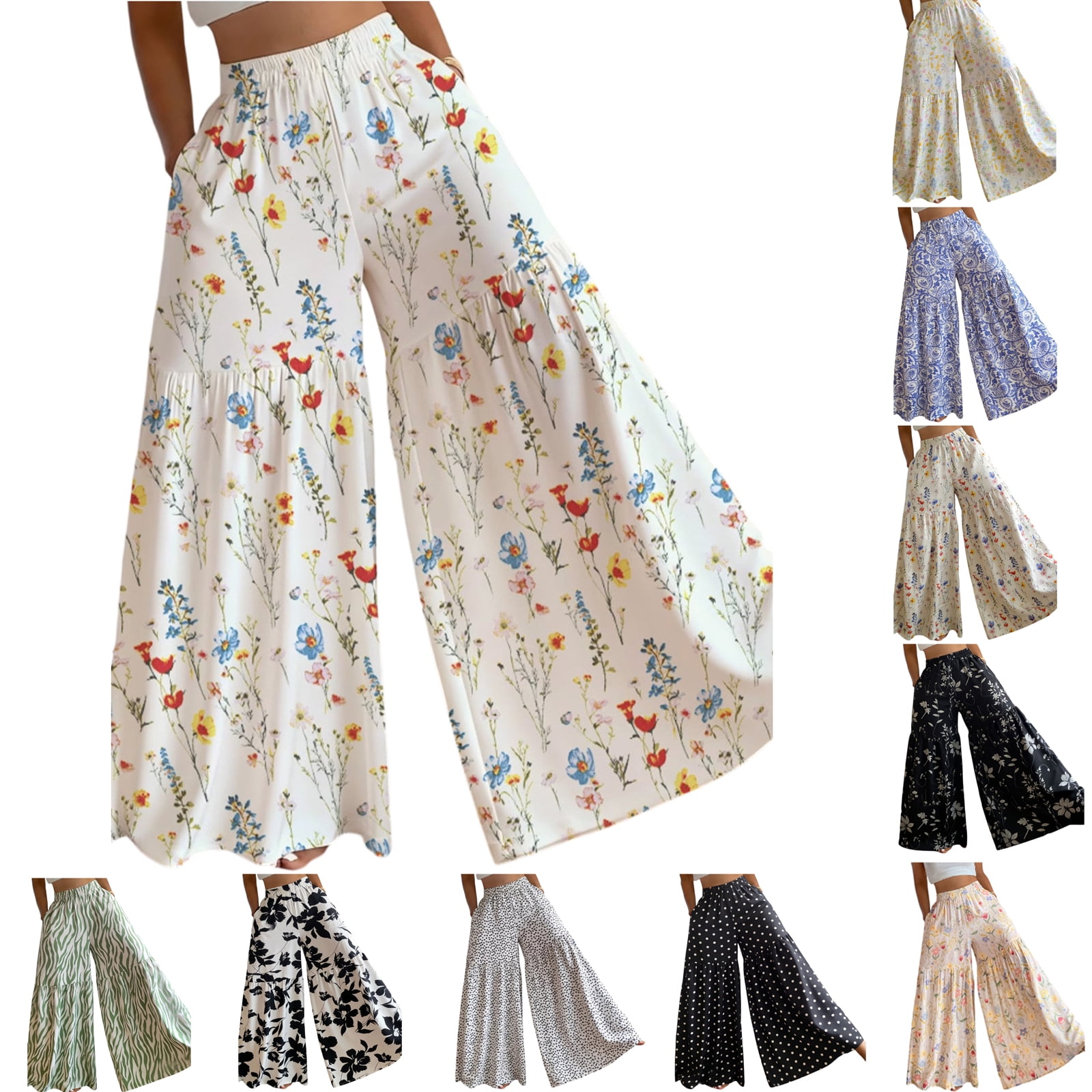 Botanical Print Tiered Wide Leg Pants for Women - High Waist Flowy ...
