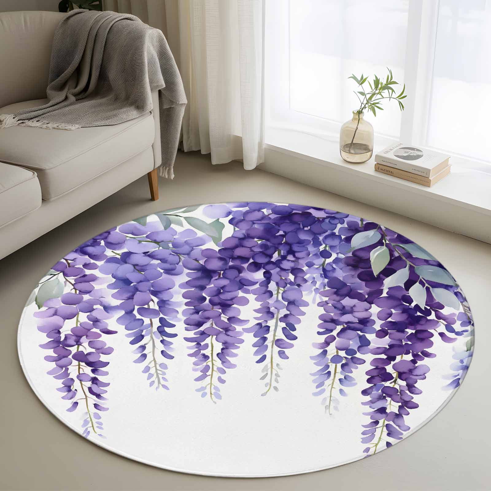 Botanical Purple Round Rug 3.3ft Washable Circle Entryway Rugs Non Slip ...