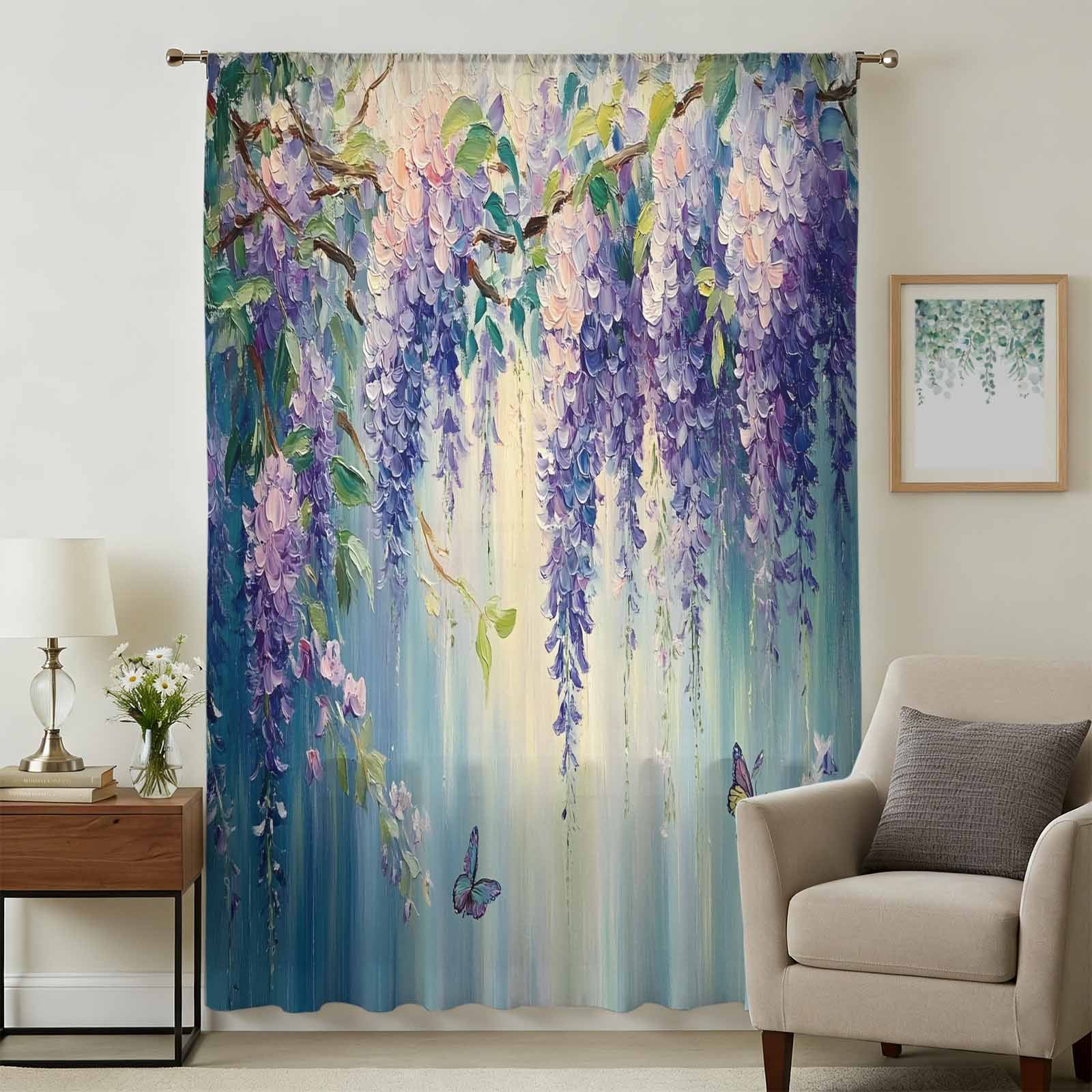 Botanical Purple Sheer Curtains 72 Inches Long, Oil Painting Eucalyptus ...