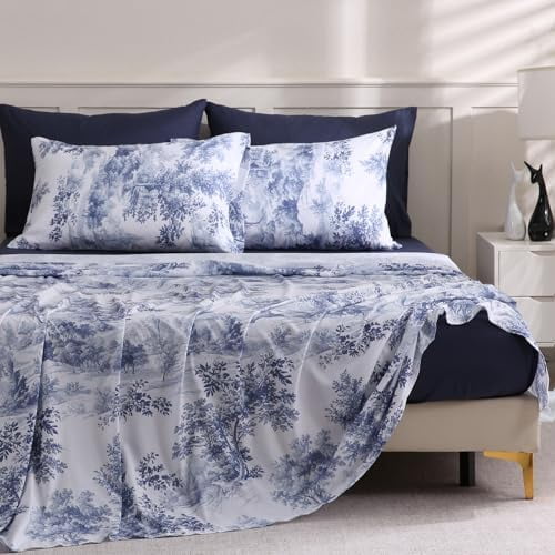 Botanical Queen Size Bed Sheet Set, 6 Piece, Deep Pocket Navy Blue ...