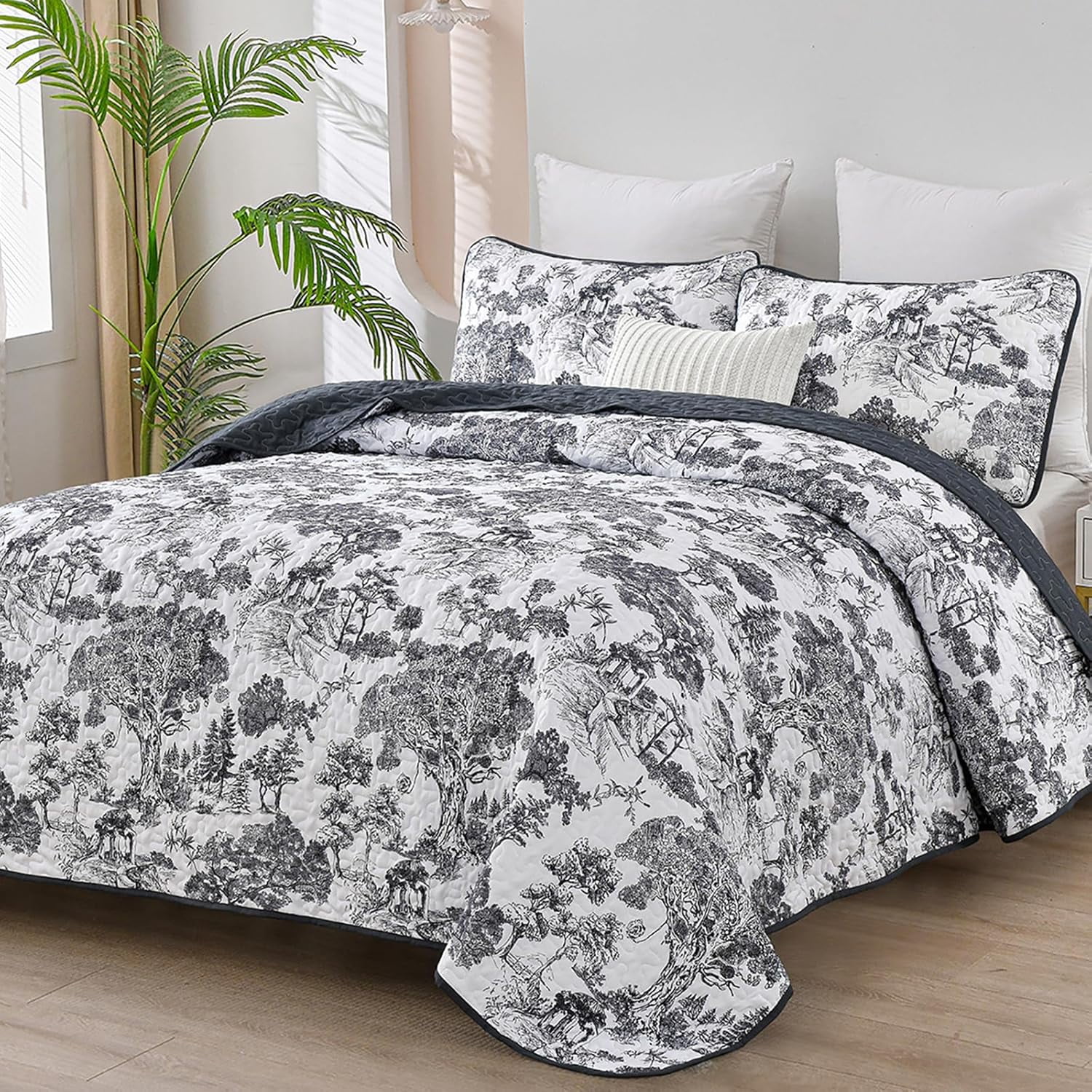 Botanical Quilt Set Queen Size, Black 3 Pieces Toile Floral Plants ...