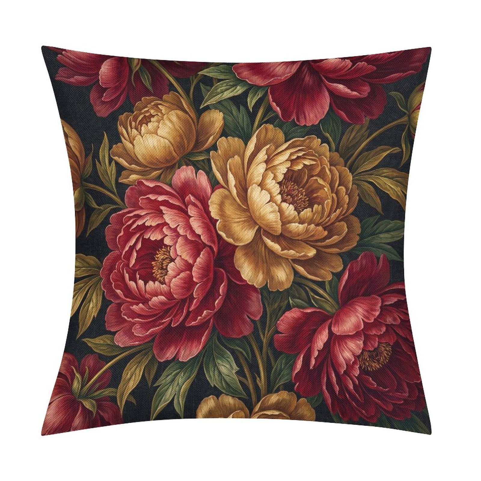 Botanical Red And Gold Peony Flowers on Black BackgroundSet of 2 ...