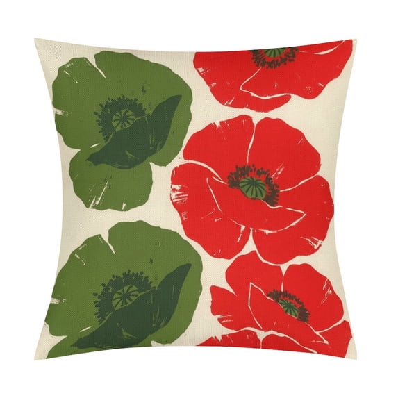 Botanical Red And Green Poppy Flower PrintSet of 2 Faux Linen Throw ...