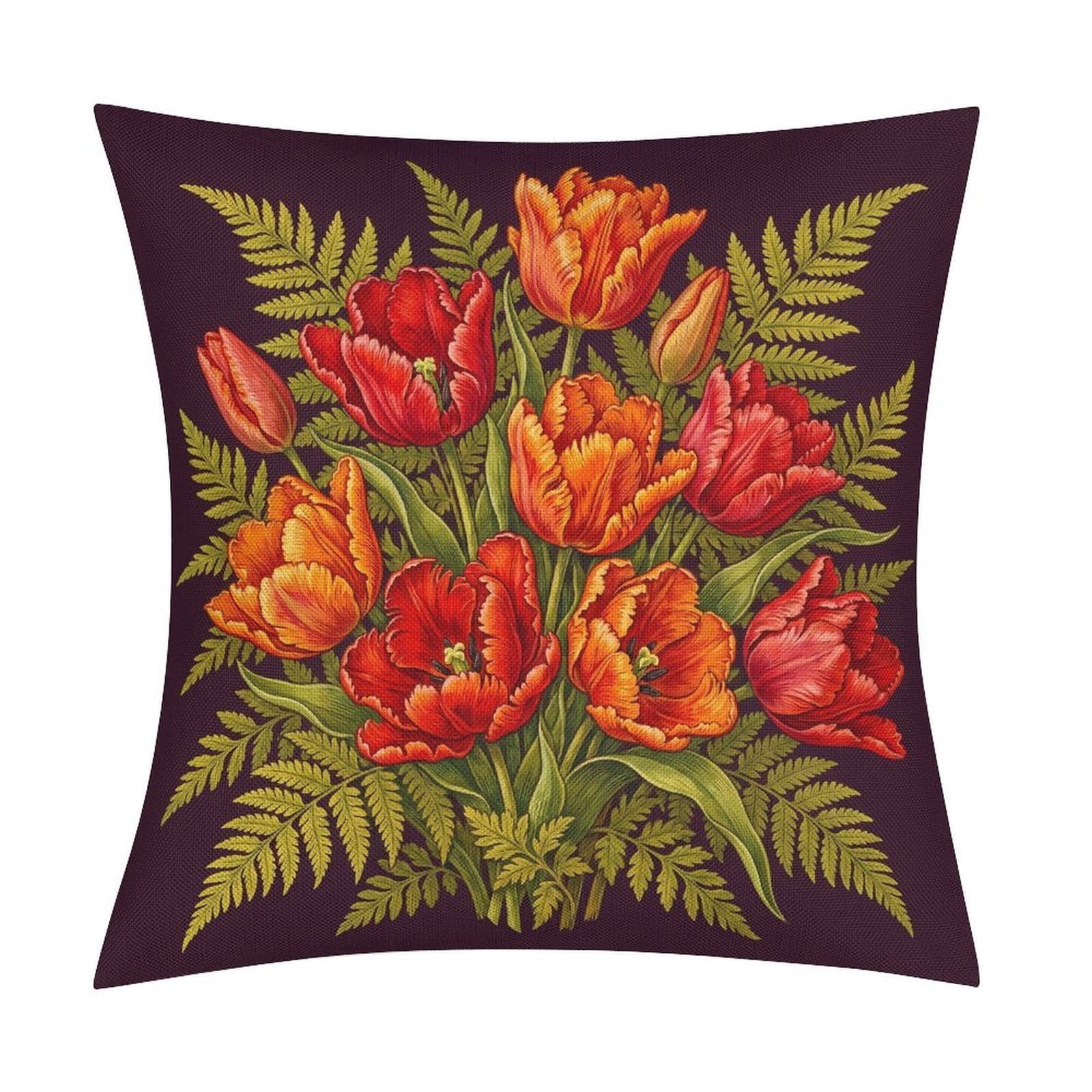 Botanical Red And Orange Tulip Bouquet with FernsFaux Linen Style 2 ...