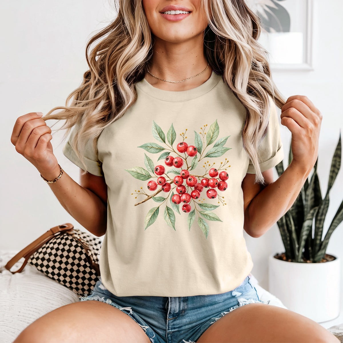 Botanical Red Berries Womens T-Shirt Nature Leaf Design - Walmart.com