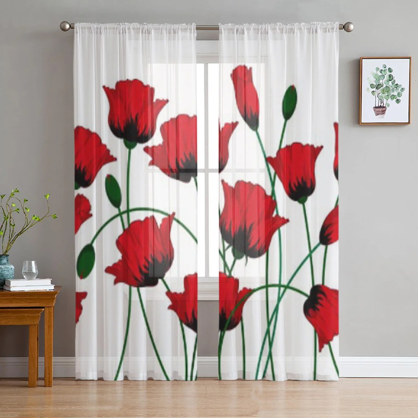 Botanical Red Poppy Flower Sheer Curtains For Bedroom Living Room Tulle ...