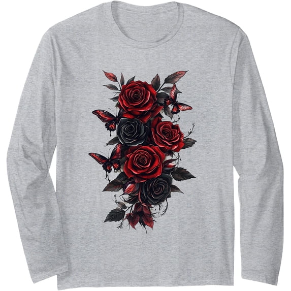 Botanical Red Rose Butterfly Graphic Long Sleeve T-Shirt for Garden ...