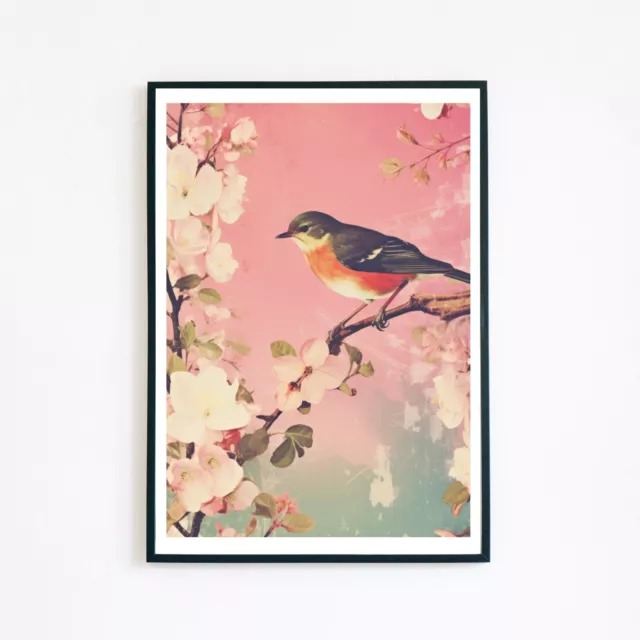Botanical Robin Bird Cherry Blossom Pink Flowers Illustration A4 Wall ...