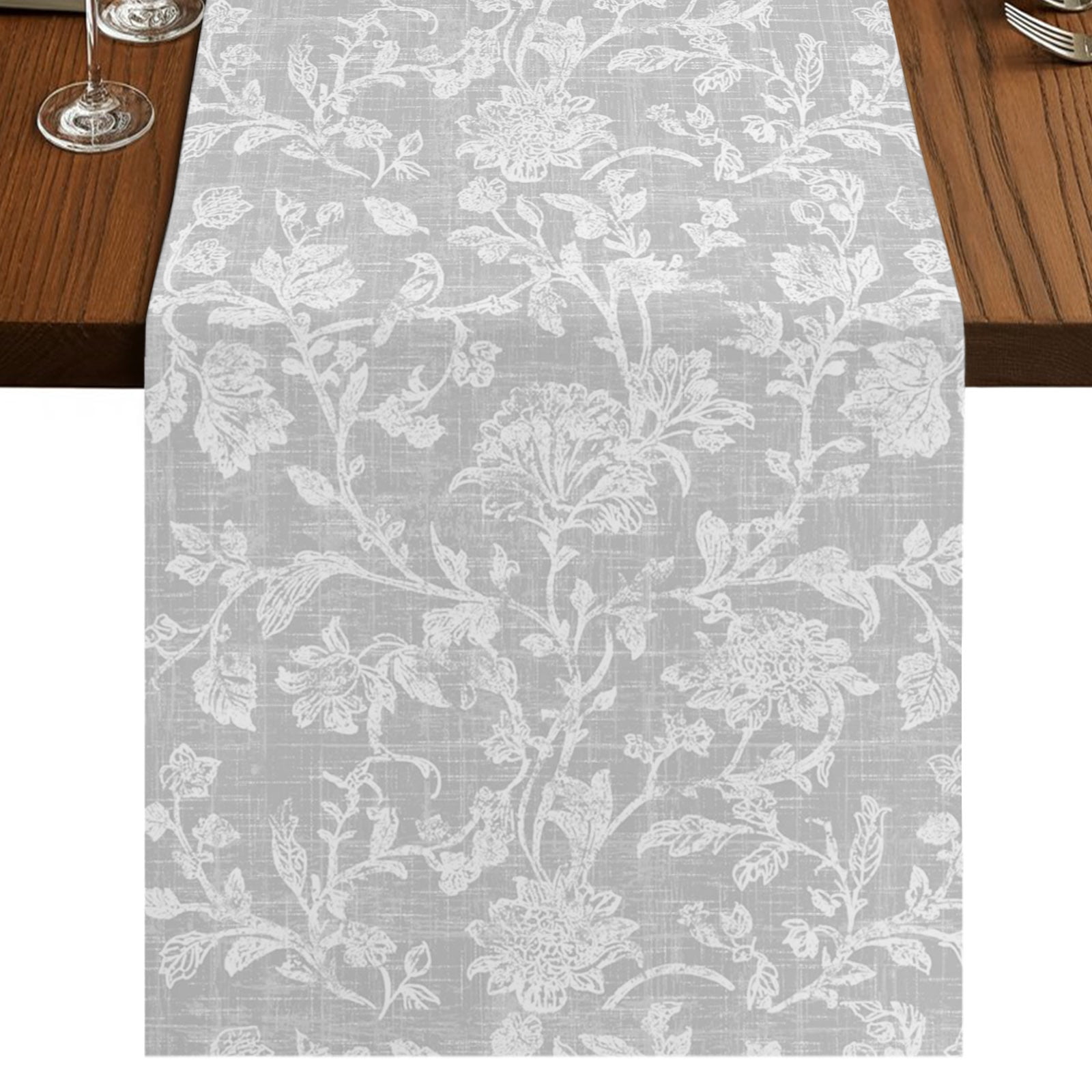 Botanical Rose Bud Burlap Cotton Table Runner 13x90 Inches Long ...