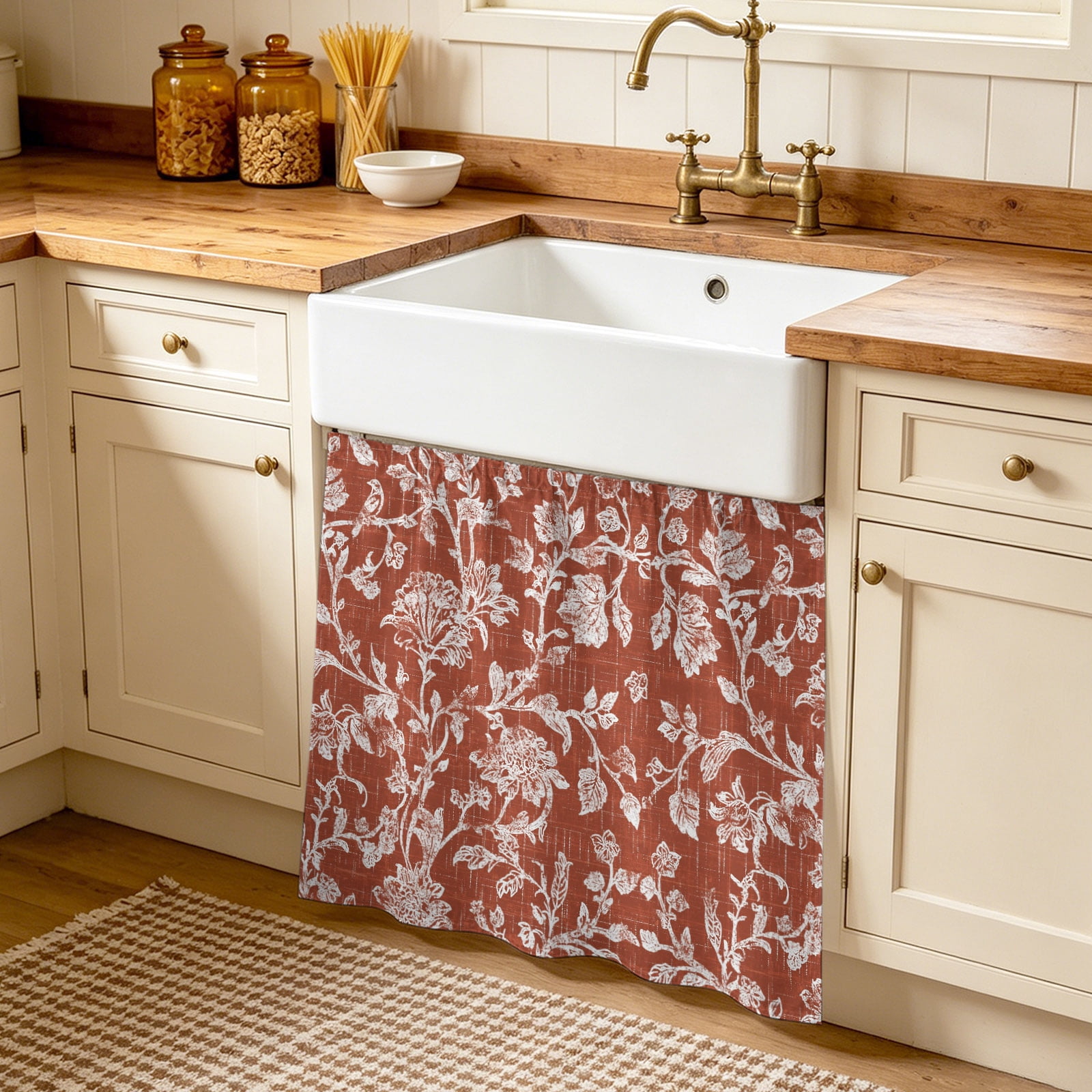 Botanical Rose Cabinet Curtains 35"W x 35"L, Vintage Terracotta Orange ...
