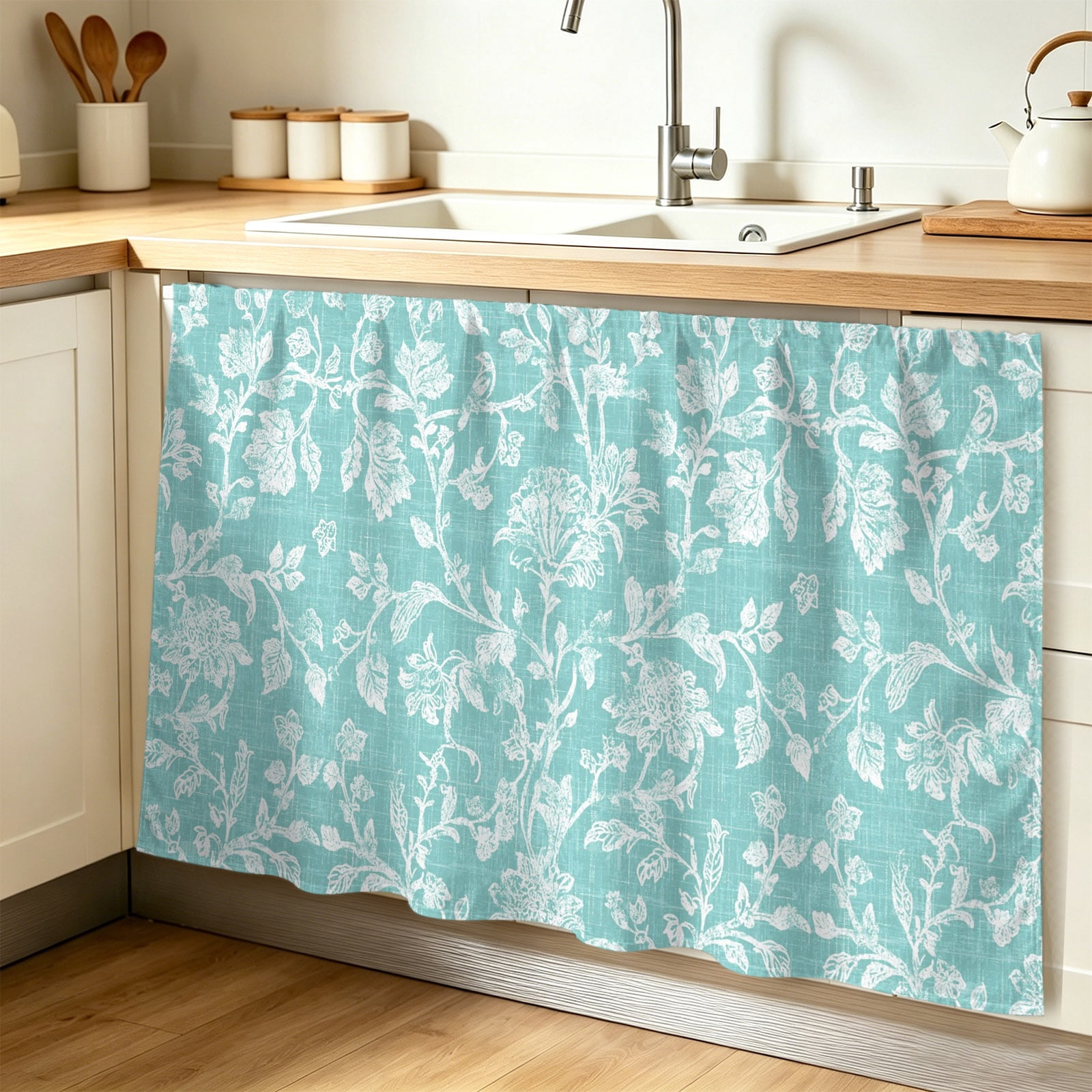 Botanical Rose Cabinet Curtains for Shelves, Vintage Teal Green Floral ...