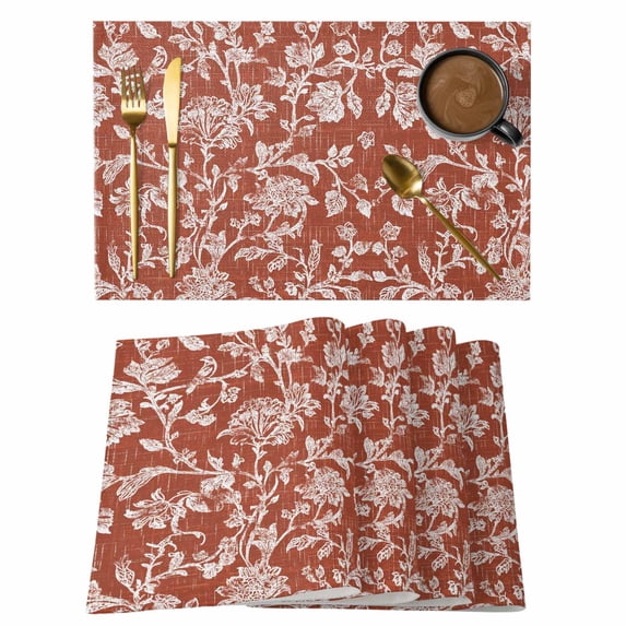 Botanical Rose Placemats Set of 6 Vintage Terracotta Orange Floral Leaf ...