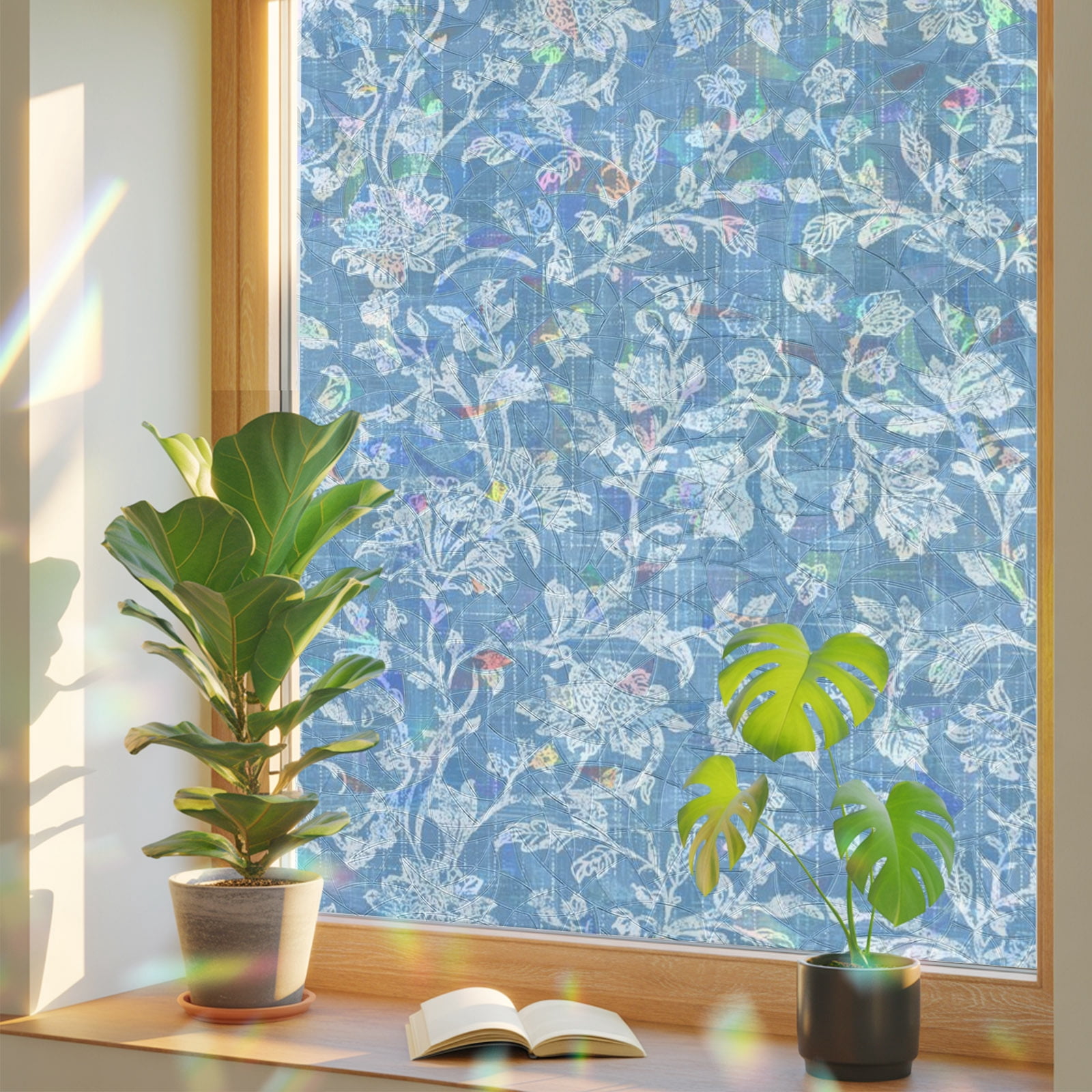 Botanical Rose Window Privacy Film Rainbow Static Cling Stain Glass ...