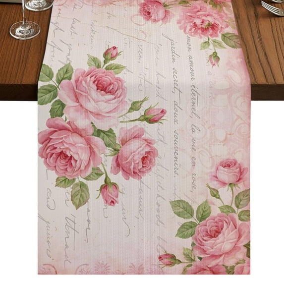 Botanical Roses Burlap Cotton Table Runner 16x72 Inches Long ...
