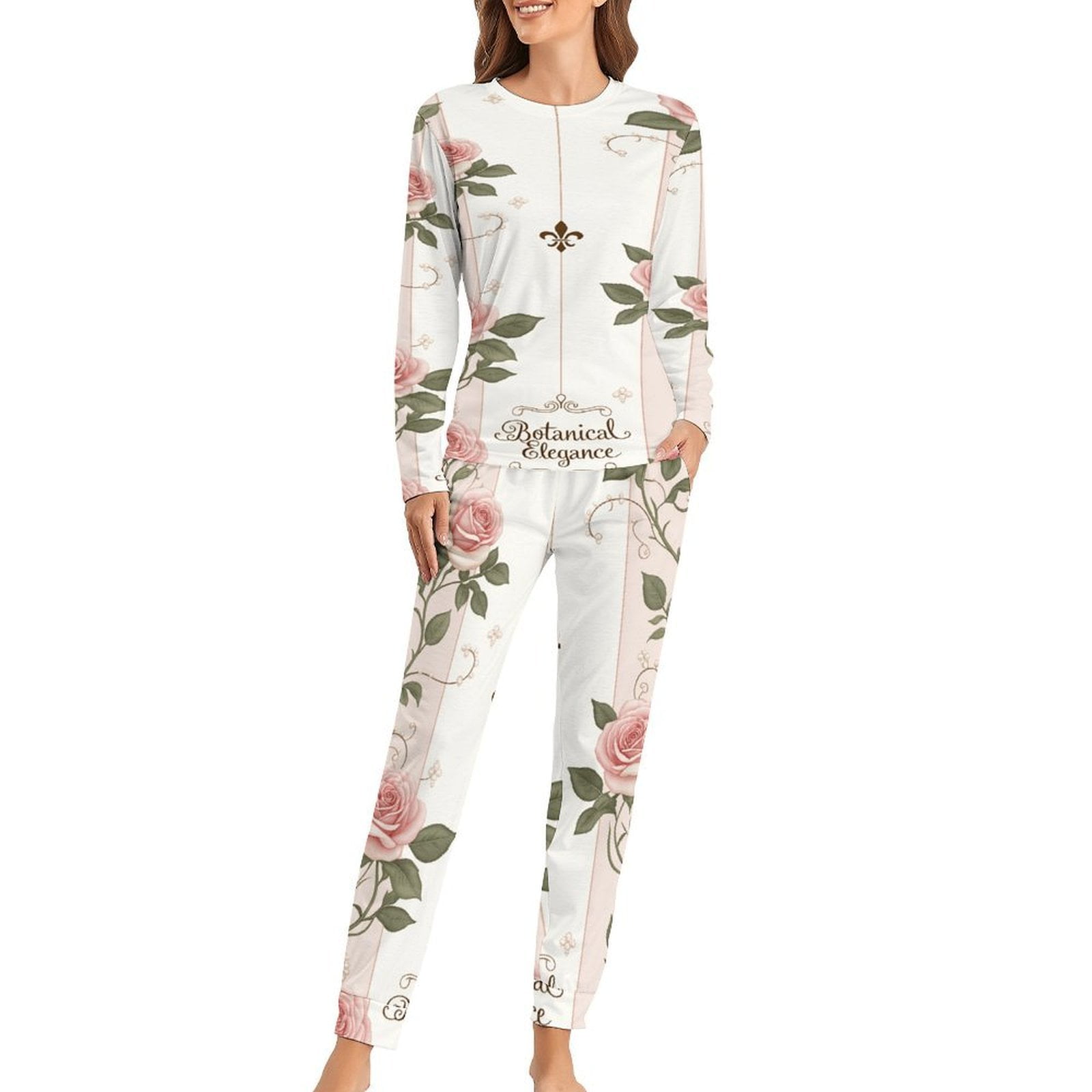 Botanical Roses Pink Stripes Fleur De Lis Elegant Pattern Pajamas Woman ...
