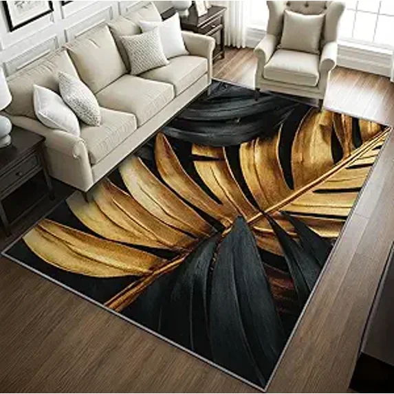 Botanical Rugs for Living Room, Black and Gold Leaf Rug, Jungle Leaves ...