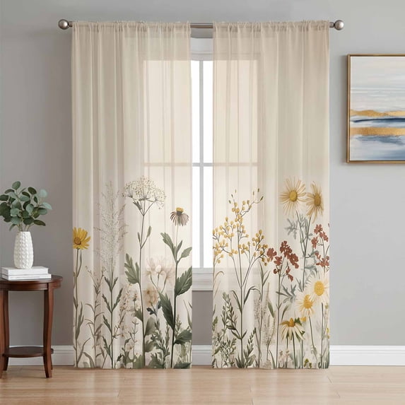 Botanical Semi Sheer Curtains 72 Inch Length 2 Panels Set, Retro Plant ...