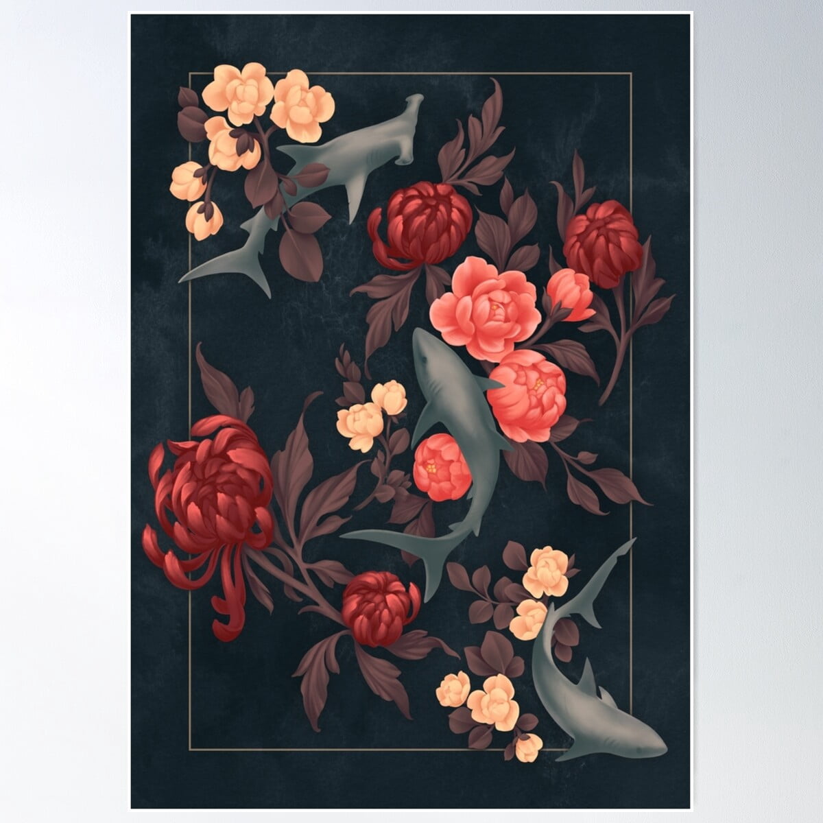 Botanical Shark (Red And Blue) Poster Wall Art Modern Wall Decor For ...