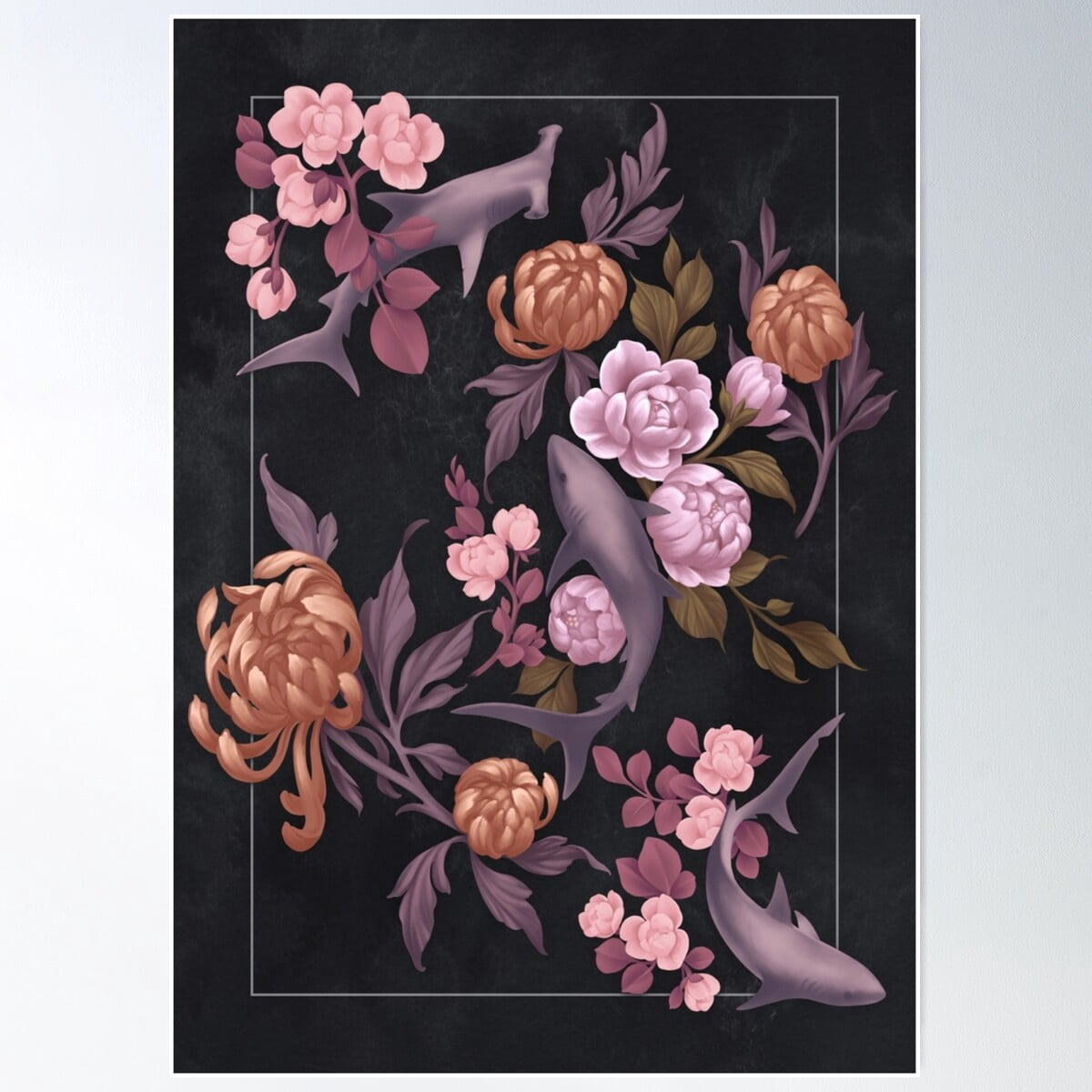 Botanical Sharks (Pink And Gold) Poster Wall Art Modern Wall Decor For ...